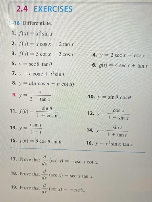 Solved 1-16 Differentiate. 1. f(x)=x2sinx 2. | Chegg.com