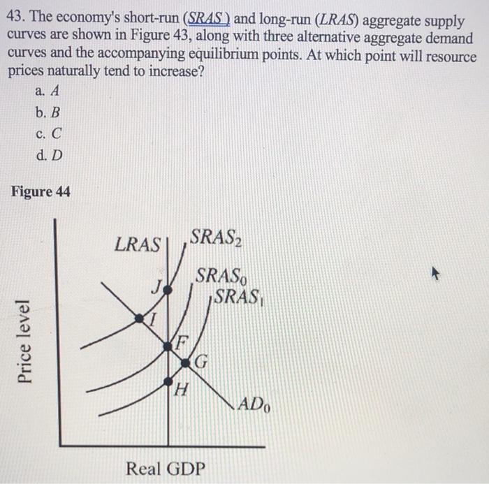 Solved 43. The economy's short-run (SRAS ) and long-run | Chegg.com