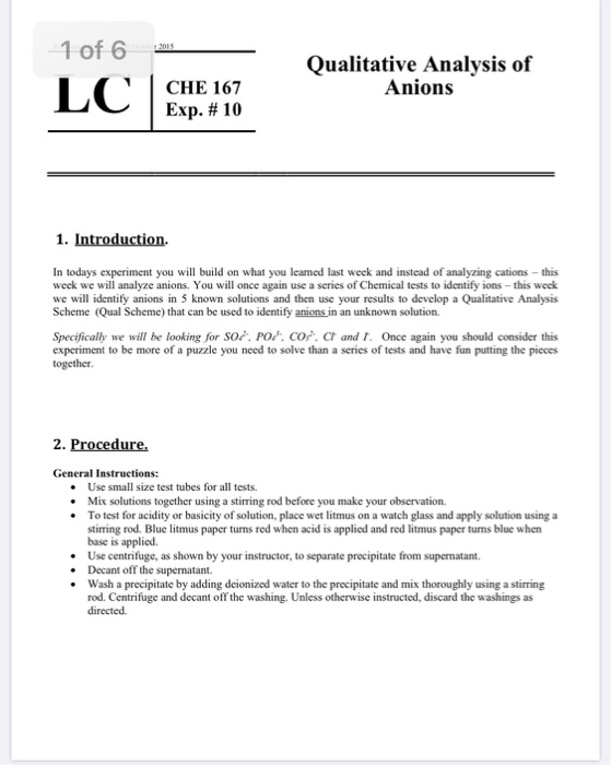 Solved 1 of 6 LC Qualitative Analysis of Anions CHE 167 Exp. | Chegg.com