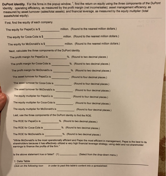 Solved DuPont identity. For the firms in the popup window, | Chegg.com
