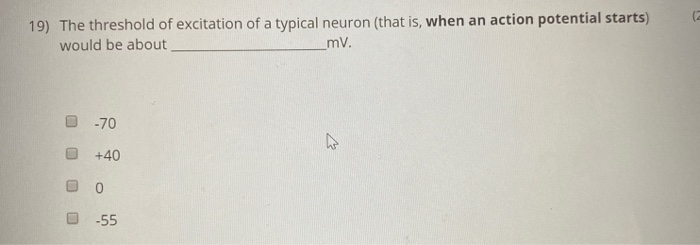 Solved 19) The threshold of excitation of a typical neuron | Chegg.com