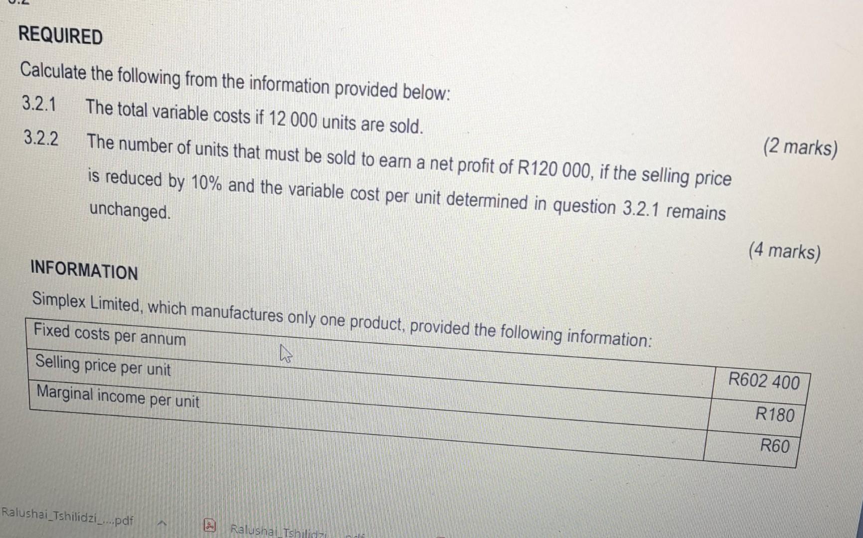 Solved REQUIRED Calculate the following from the information | Chegg.com