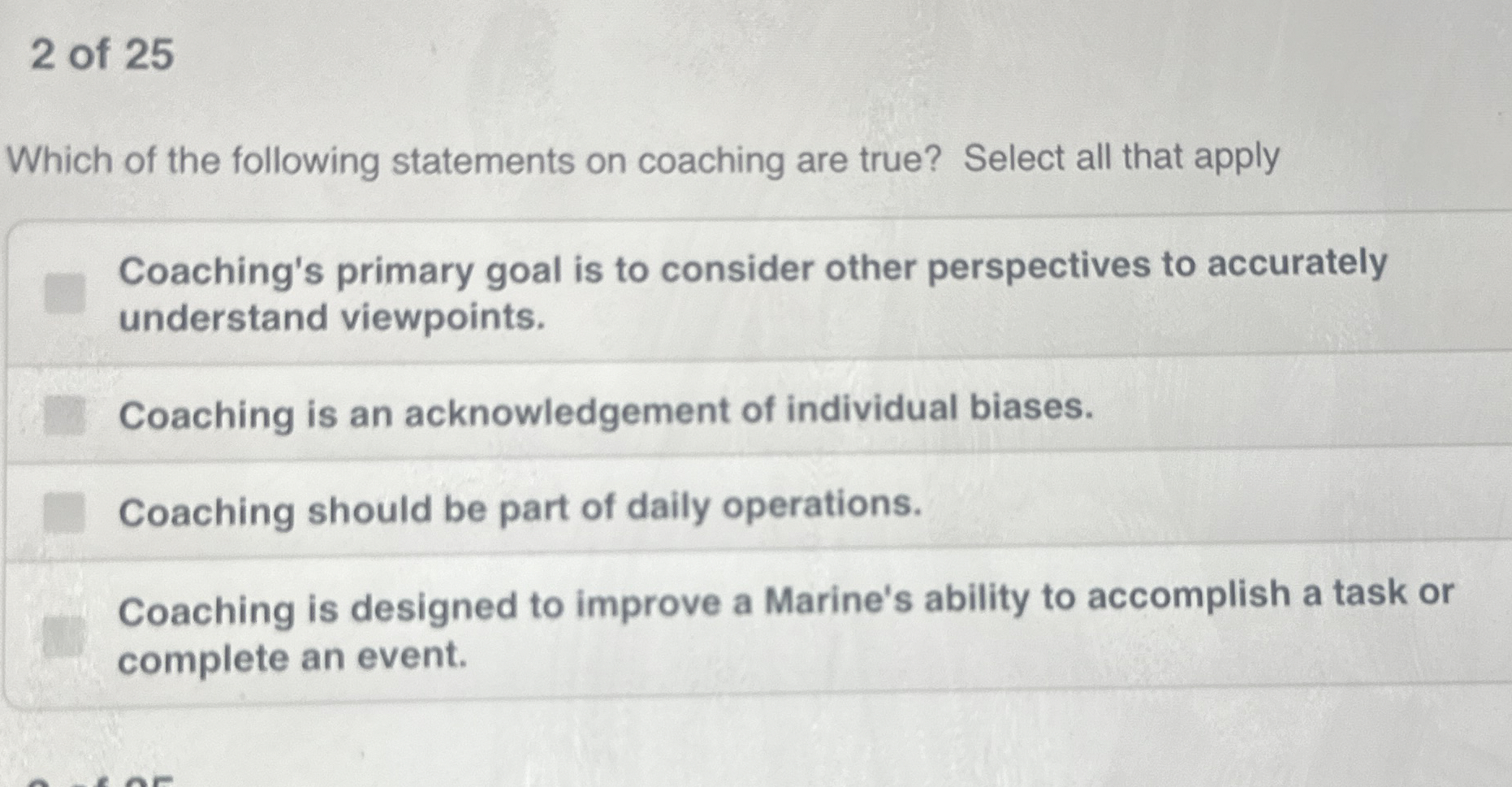 Solved 2 ﻿of 25Which of the following statements on coaching | Chegg.com