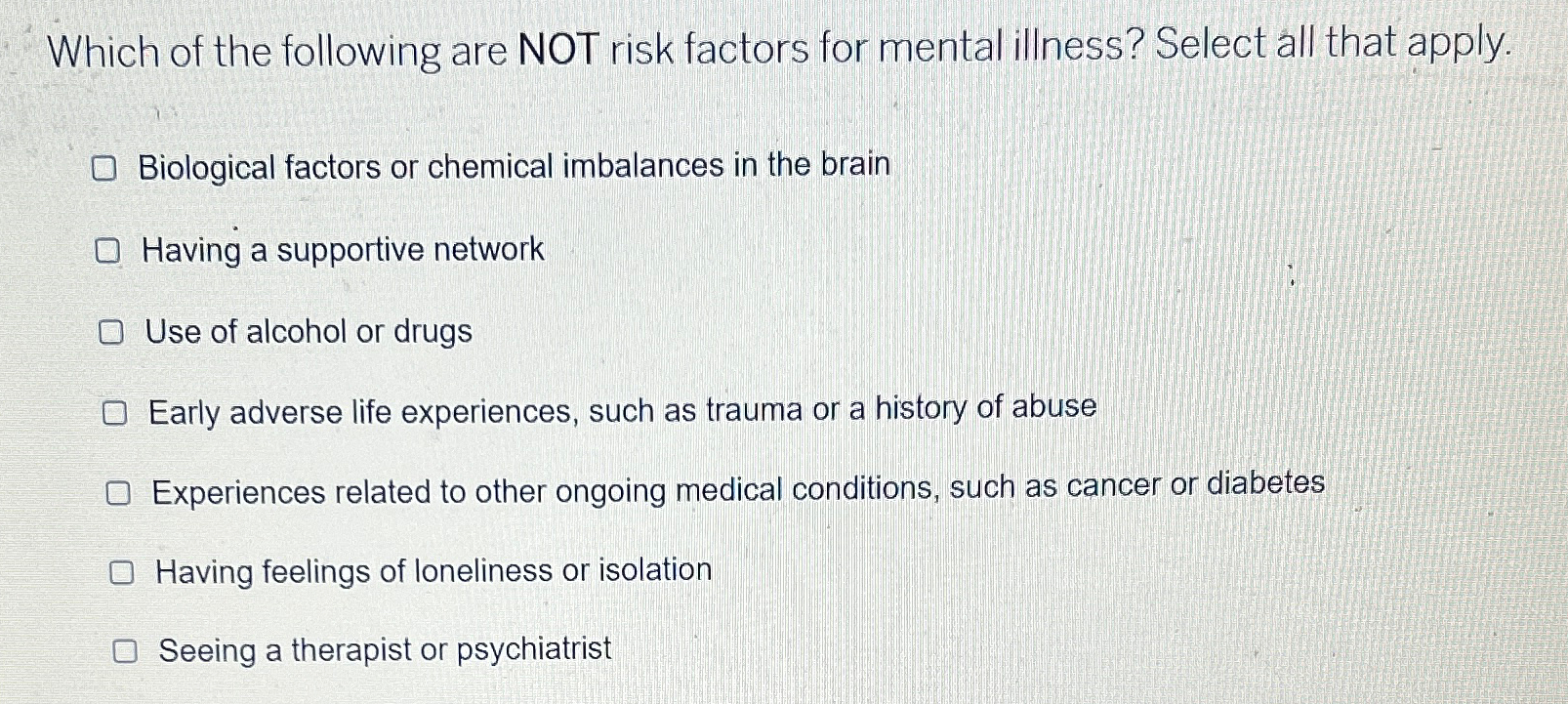 Solved Which of the following are NOT risk factors for | Chegg.com