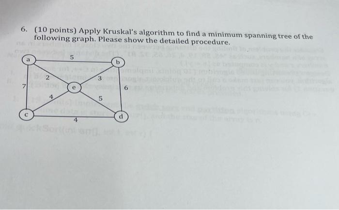 Solved 6. (10 points) Apply Kruskal's algorithm to find a | Chegg.com