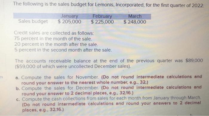 Solved The following is the sales budget for Lemonis, | Chegg.com