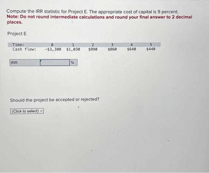 Solved Compute the IRR statistic for Project E. The | Chegg.com