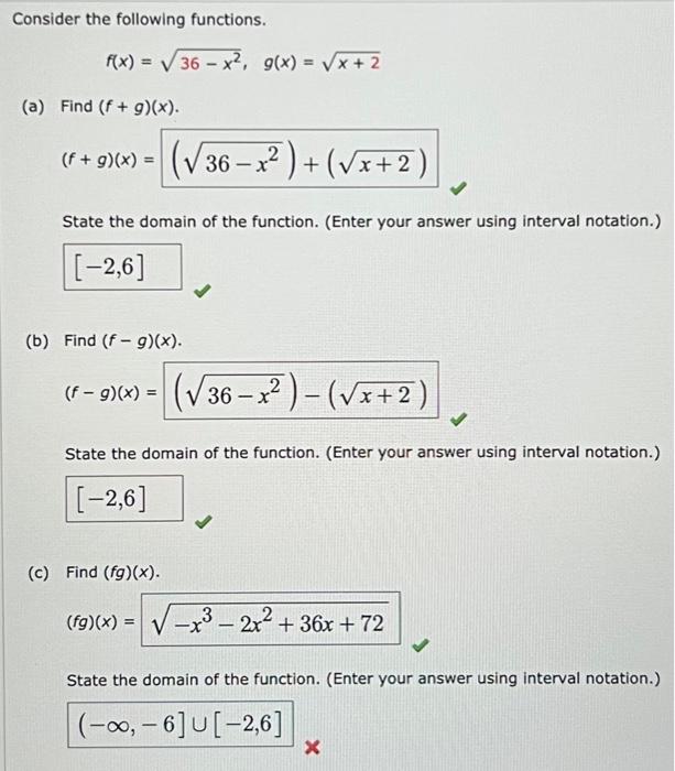 Solved Consider the following functions. f(x)=36−x2,g(x)=x+2 | Chegg.com