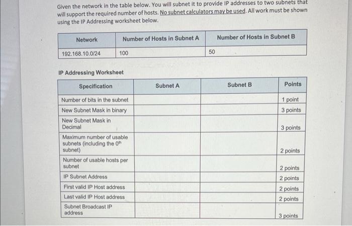 Solved Given the network in the table below. You will subnet | Chegg.com