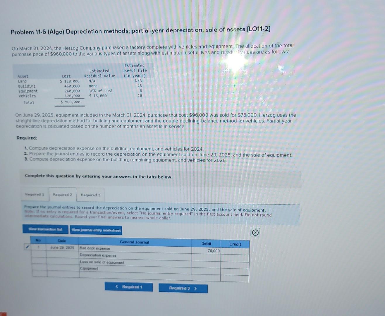 Solved Problem 11-6 (Algo) Depreciation methods; | Chegg.com