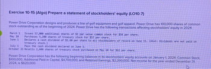 Solved Exercise 10-15 (Algo) Prepare a statement of | Chegg.com