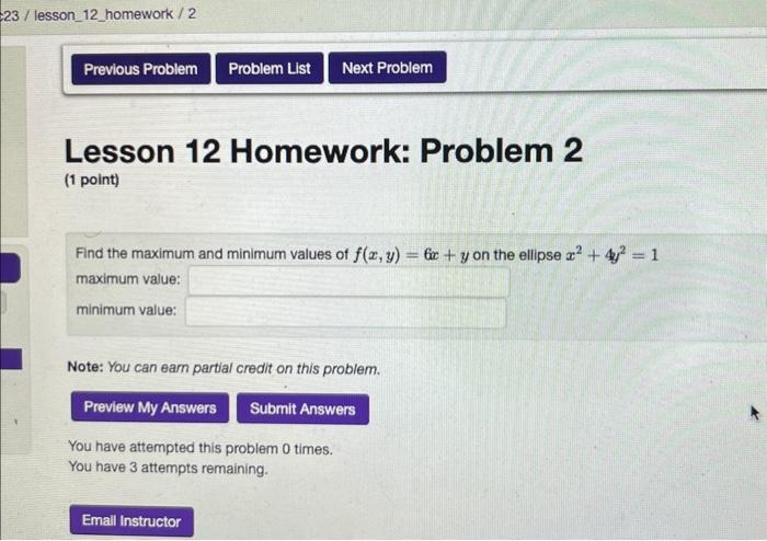 Solved Lesson 12 Homework: Problem 2 (1 point) Find the | Chegg.com