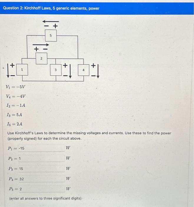 Solved Question 2: Kirchhoff Laws, 5 generic elements, power | Chegg.com