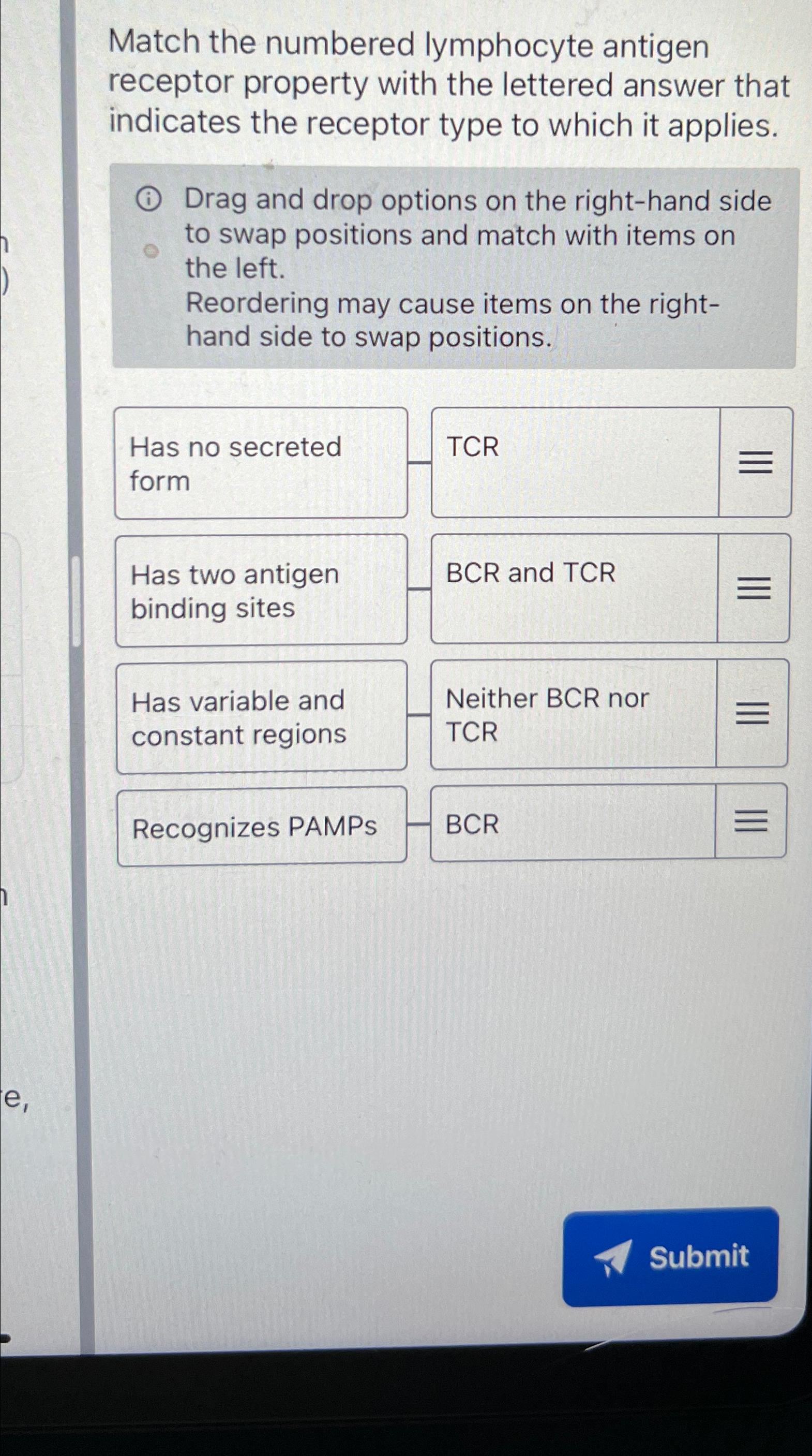 Solved Match the numbered lymphocyte antigen receptor | Chegg.com