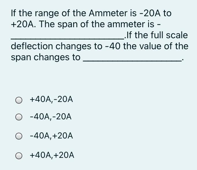 Solved If the range of the Ammeter is -20A to +20A. The span | Chegg.com