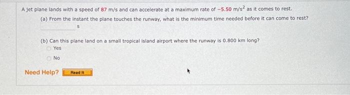 Solved A jet plane lands with a speed of 87 m/s and can | Chegg.com