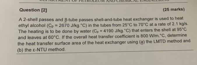 Solved A 2-shell passes and 8-tube passes shell-and-tube | Chegg.com
