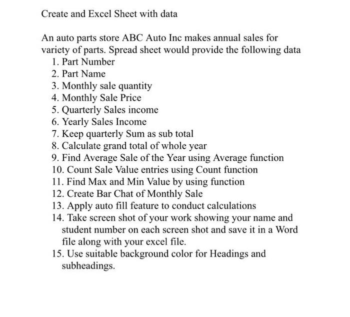 Create And Excel Sheet With Data An Auto Parts Store Chegg