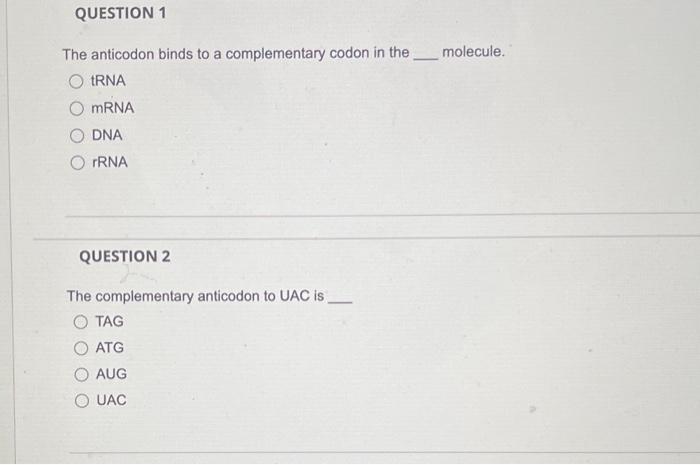 Solved The anticodon binds to a complementary codon in the | Chegg.com