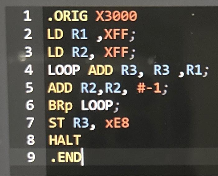 Solved 1 .ORIG X3000 2 LD R1 ,XFF; 3 LD R2, XFF; 4 LOOP ADD | Chegg.com