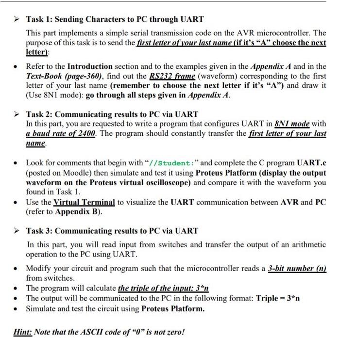 Solved Task 1: Sending Characters to PC through UART This | Chegg.com