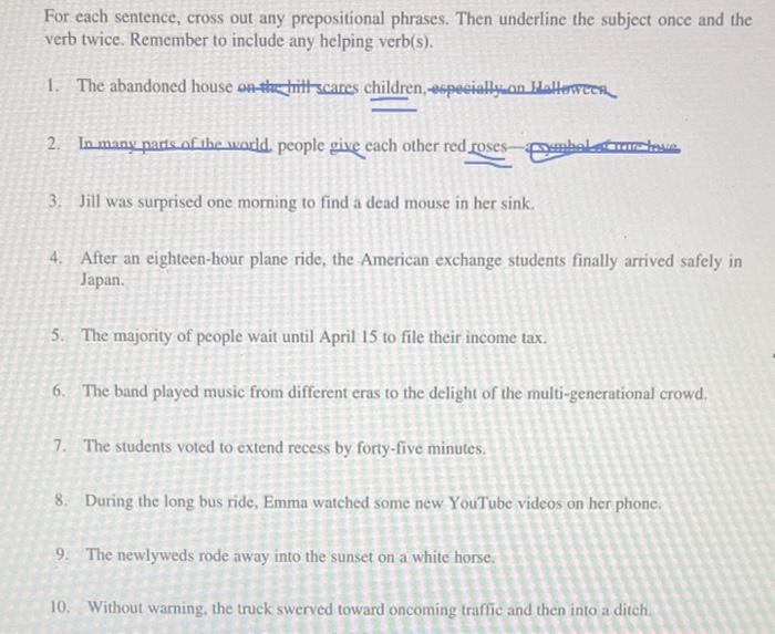 For each sentence, cross out any prepositional | Chegg.com