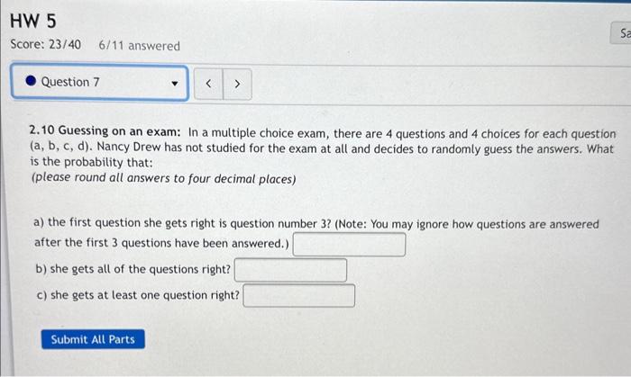 Solved 2.10 Guessing on an exam: In a multiple choice exam, | Chegg.com