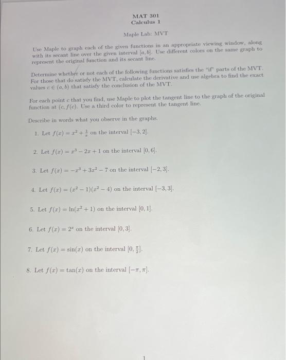 Solved MAT 301 Calculus 1 Maple Lab: MVT Use Maple to graph | Chegg.com