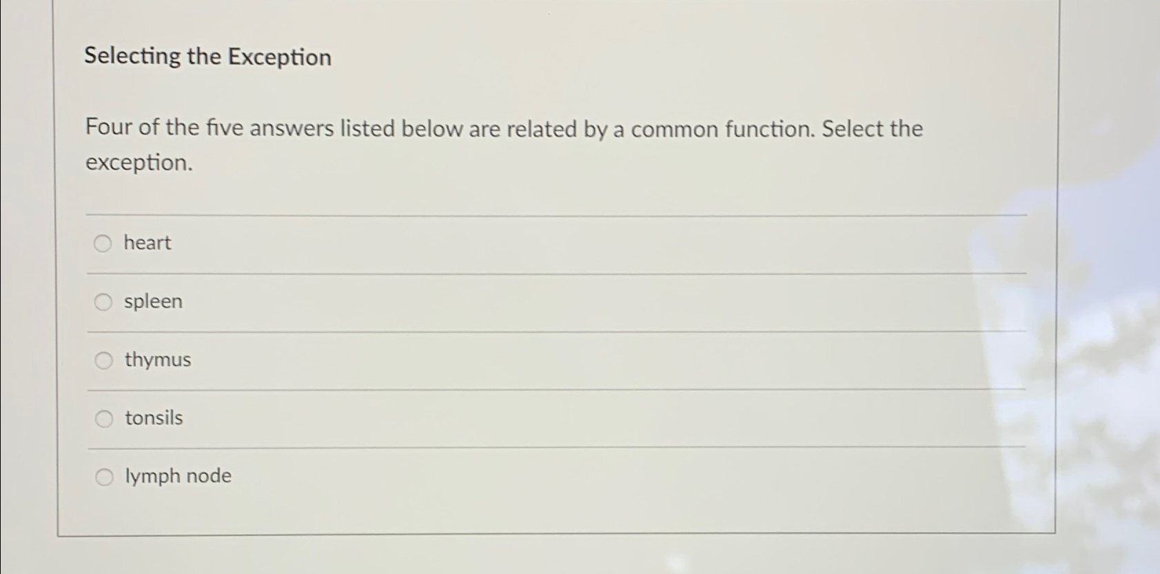 Solved Selecting the ExceptionFour of the five answers | Chegg.com