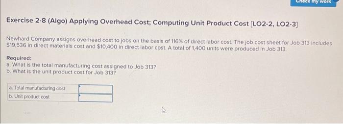 Solved Exercise 2-8 (Algo) Applying Overhead Cost; Computing | Chegg.com