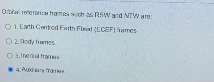 Solved Orbital reference frames such as RSW and NTW are: 1. | Chegg.com