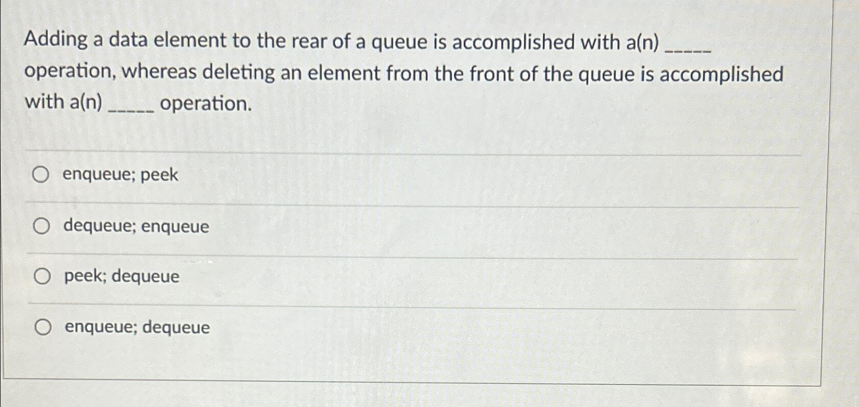 Solved Adding a data element to the rear of a queue is | Chegg.com