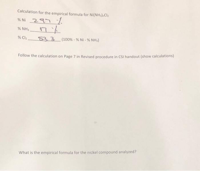 Solved Calculation for the empirical formula for Ni(NH) C12 | Chegg.com