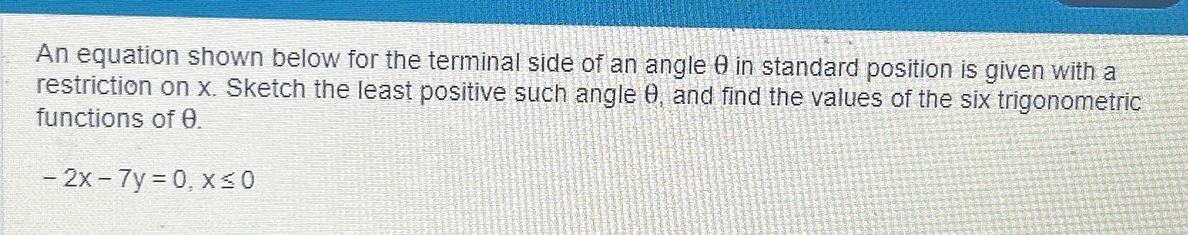 Solved An equation shown below for the terminal side of an | Chegg.com