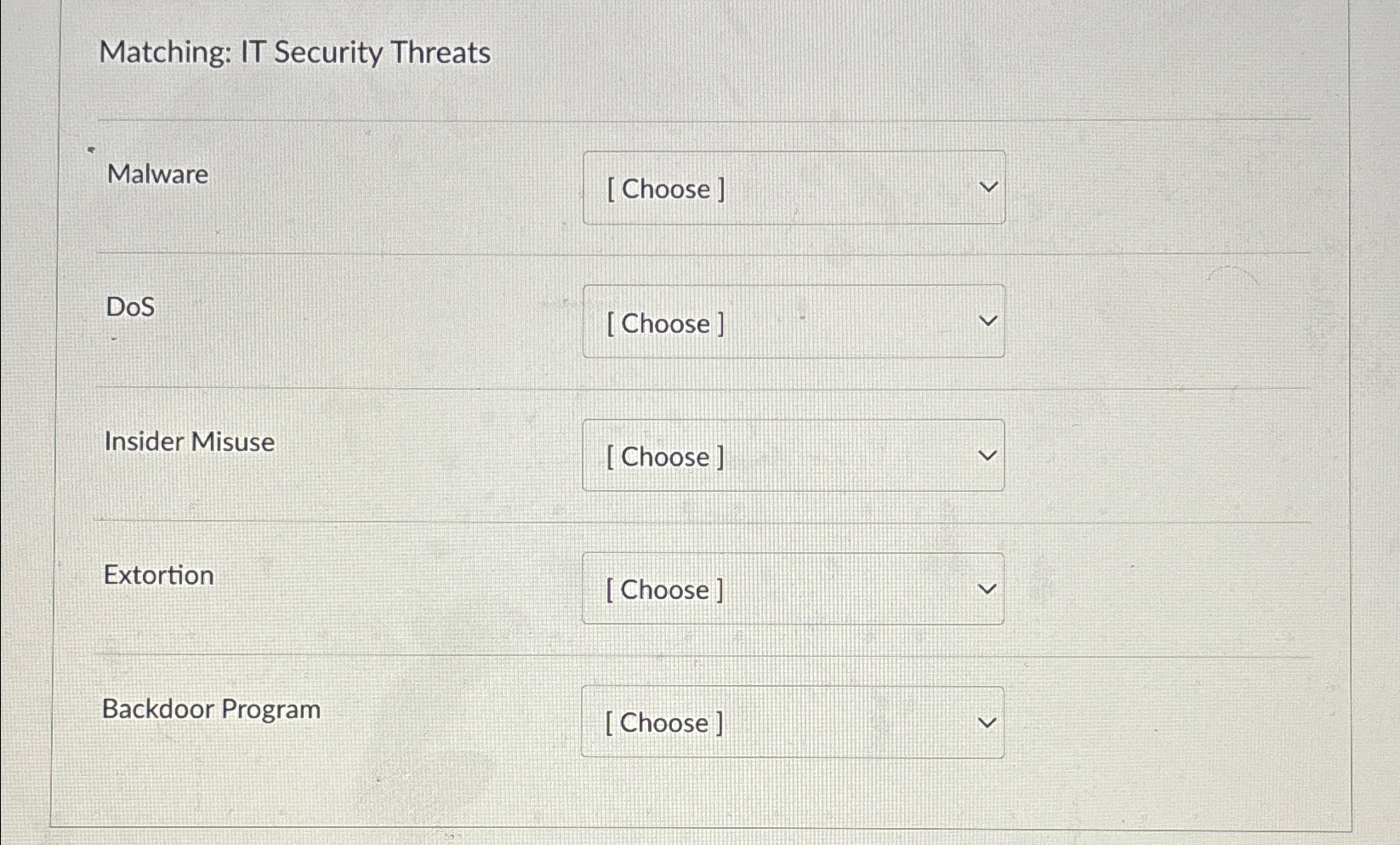 Solved Matching: IT Security ThreatsMalwareDoSInsider | Chegg.com