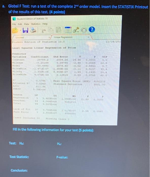 Solved a. Global F Test: run a test of the complete and | Chegg.com