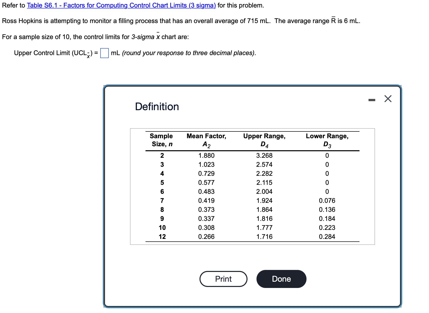 Solved Refer to Table S6.1 - ﻿Factors for Computing Control | Chegg.com