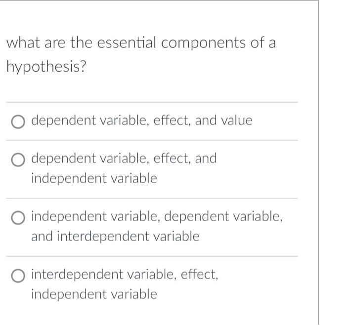 Solved what are the essential components of a hypothesis? | Chegg.com