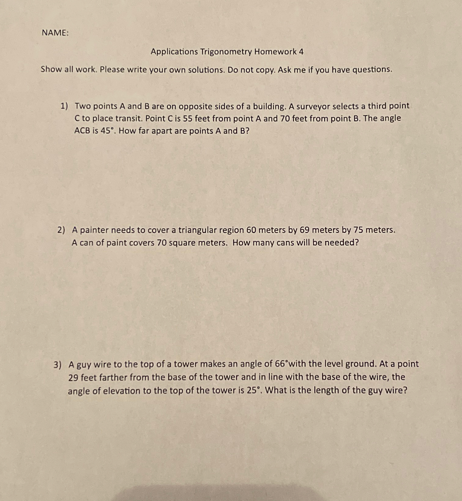 Solved NAME:Applications Trigonometry Homework 4Show all | Chegg.com