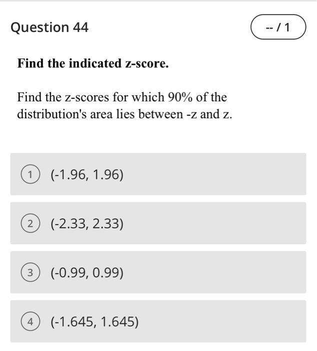 Solved Question 44 Find the indicated z-score. Find the | Chegg.com