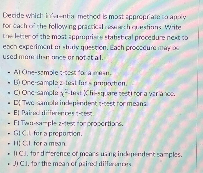 Solved Decide which inferential method is most appropriate | Chegg.com
