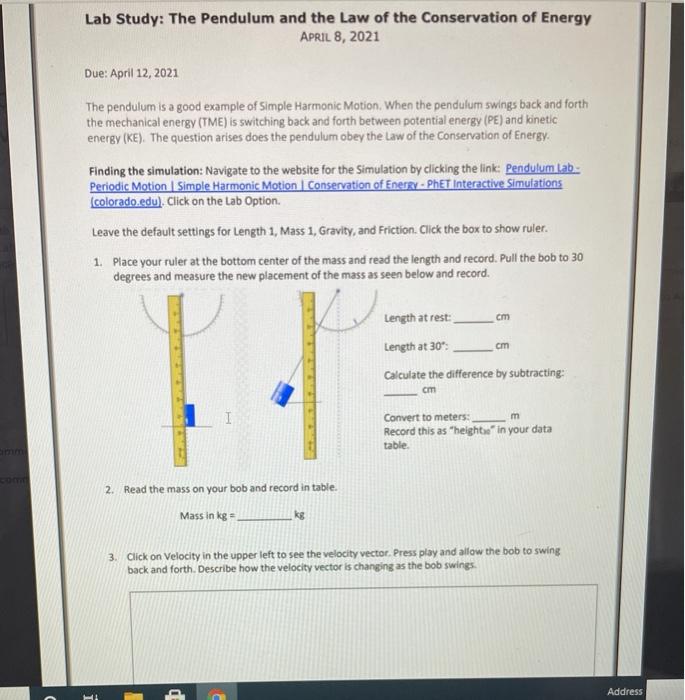 Lab Study: The Pendulum and the Law of the | Chegg.com
