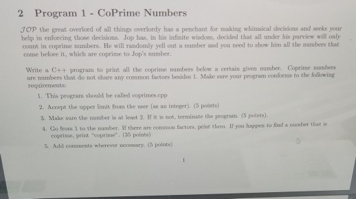 Solved 2 Program 1 - CoPrime Numbers JOP the great overlord | Chegg.com