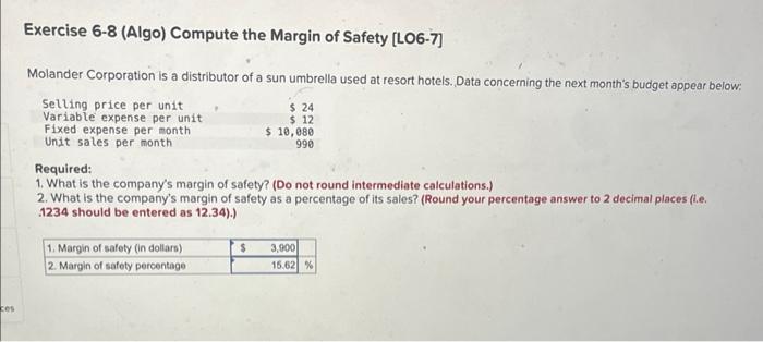 Solved Exercise 6-8 (Algo) Compute the Margin of Safety | Chegg.com
