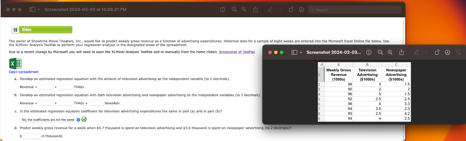 Solved the XLMiner Analysis ToolPak to perform your | Chegg.com