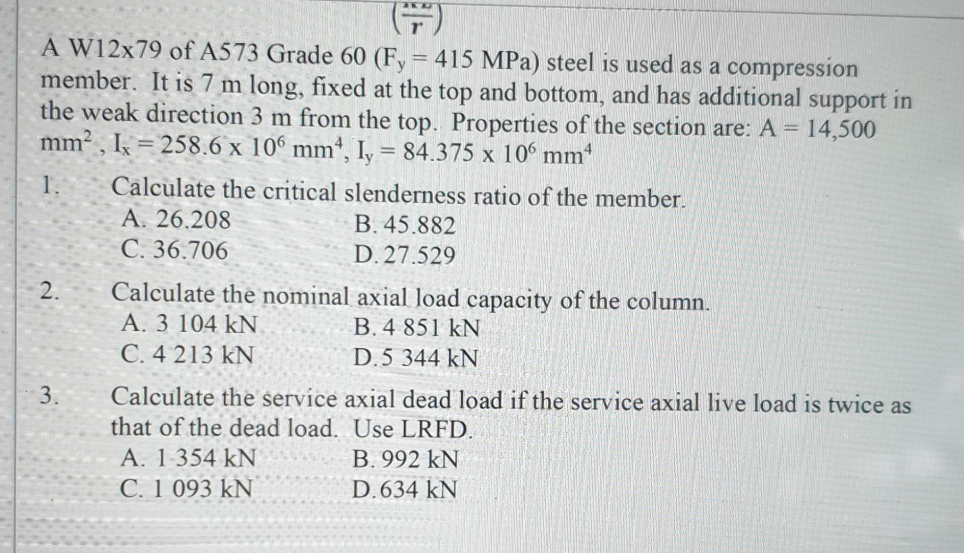 Solved = A W12x79 of A573 Grade 60 (F, = 415 MPa) steel is | Chegg.com