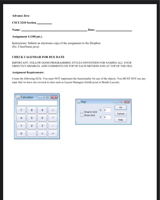 Solved Advance Java CSCI 3210 Section Name: Date: Assignment | Chegg.com