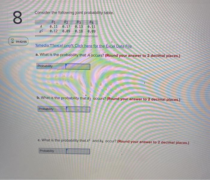 Solved Consider the following joint probability table. 00 B1 | Chegg.com