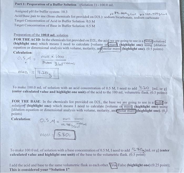 Part 1: Preparation of a Buffer Solution (Solution 1) | Chegg.com