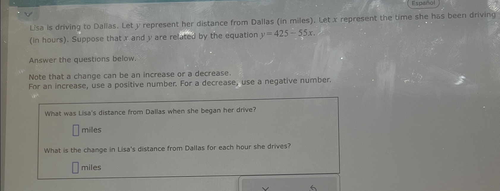 Solved Lisa is driving to Dallas. Let y ﻿represent her | Chegg.com